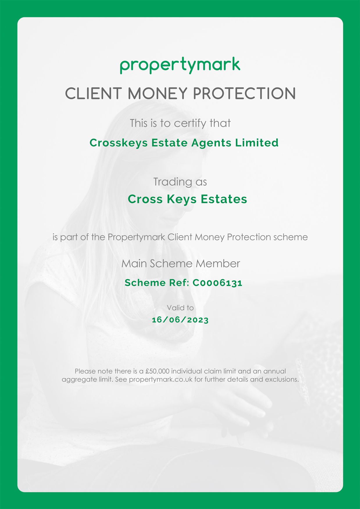 Client Money Protection Certificate - Cross Keys Estates